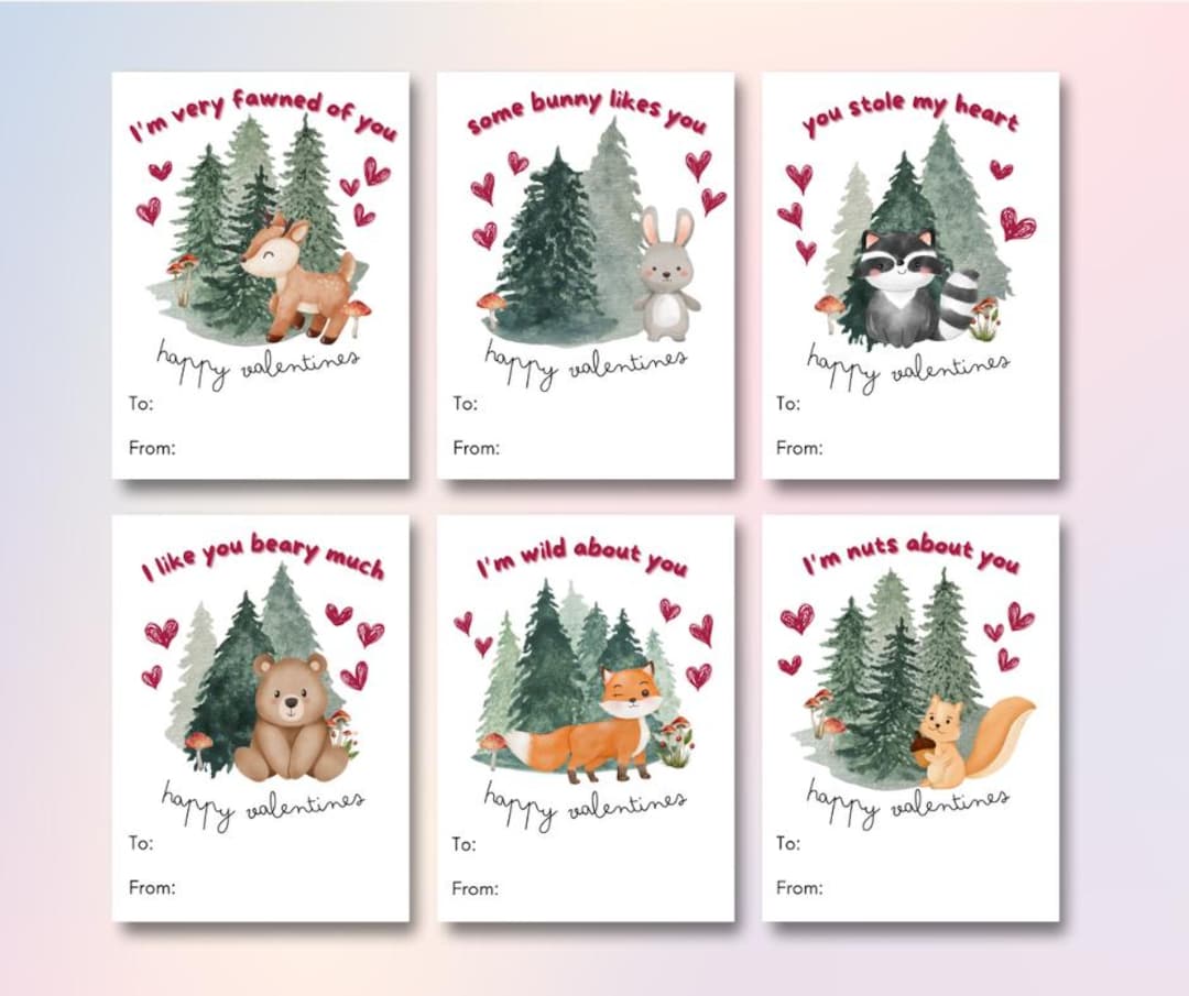 Printable Woodland Animals Theme Valentine's Day Cards, Kids Card ...
