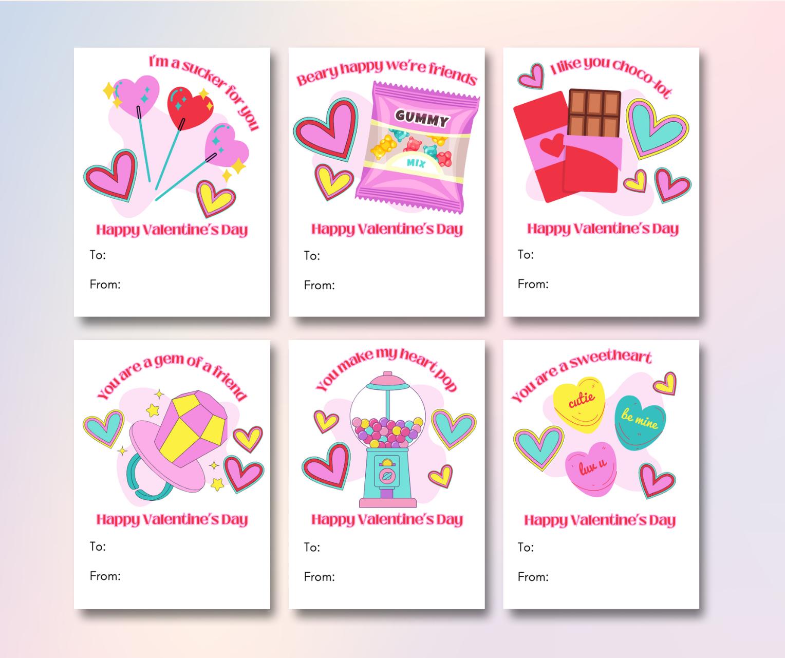 Printable Candy Theme Valentine's Day Cards, Kids Card Exchange ...