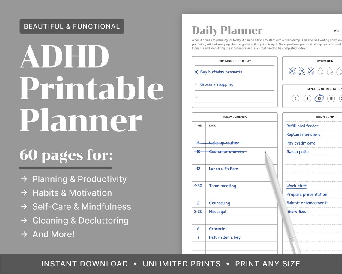 ADHD Planner Printable, ADHD To-do List, Adult Workbook, Daily Planner ...