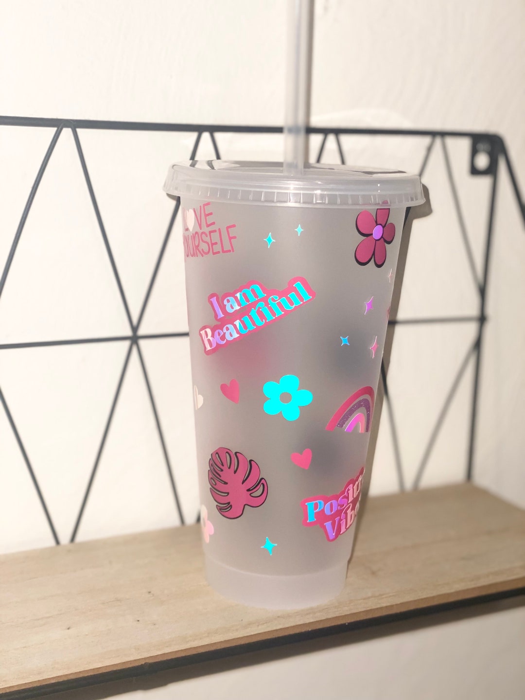 Positivity Cold Cup, Positive Affirmations Cold Cup, Holographic & Pink ...