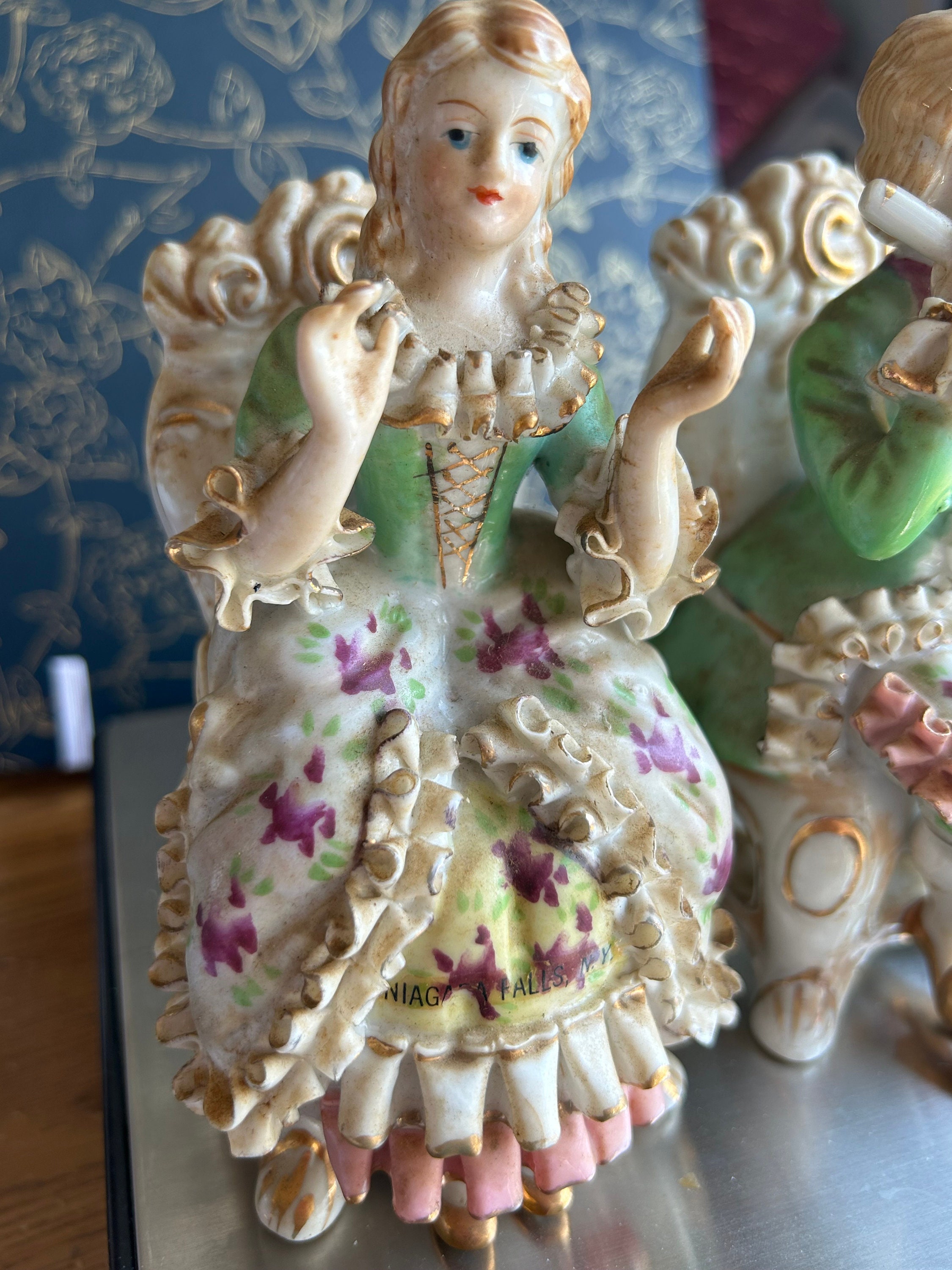 Vintage Bone China Lace Man With Flute and Woman Sitting in Chairs ...