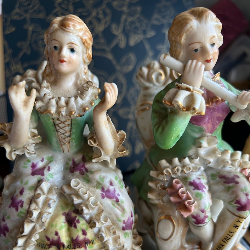 Vintage Bone China Lace Man With Flute and Woman Sitting in Chairs ...