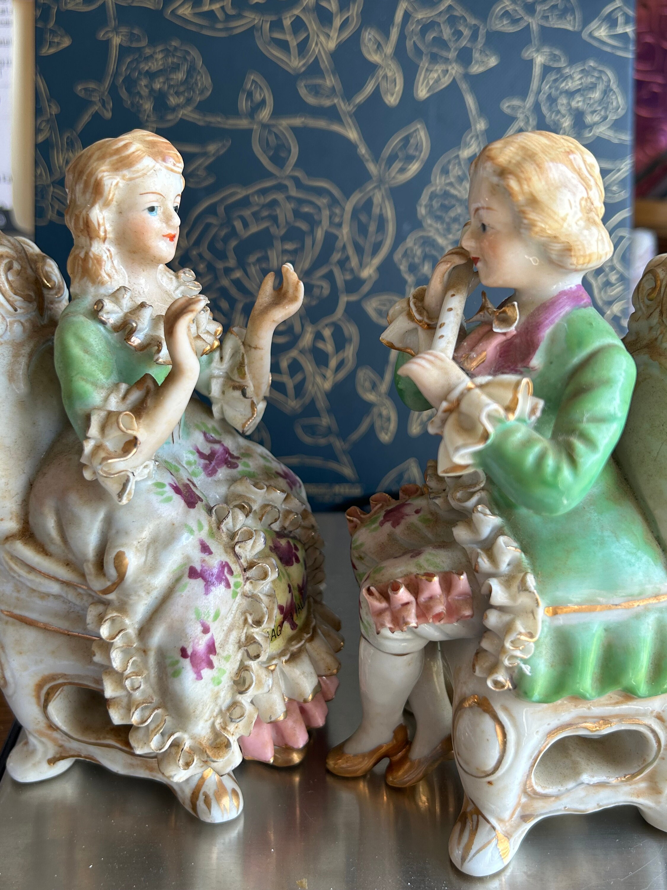 Vintage Bone China Lace Man With Flute and Woman Sitting in Chairs ...