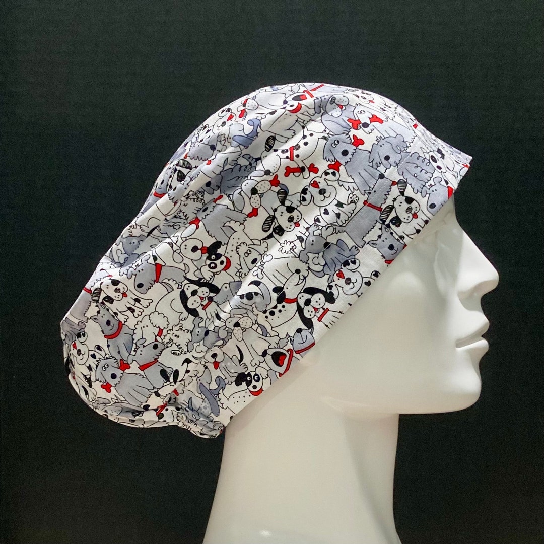 Dogs Black and White Surgical Hat, Scrub Cap, Long Hair Covering ...