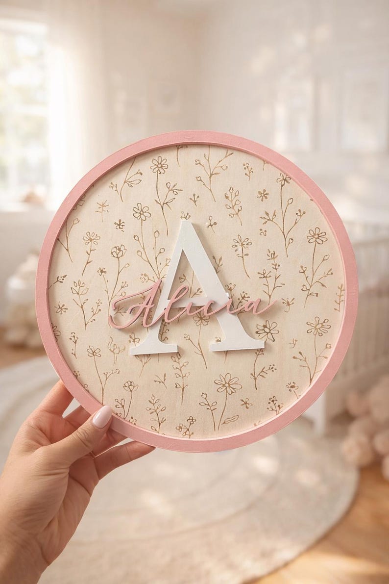 Handmade Round Wood Name Sign – Engraved Nursery Decor, Baby Shower ...