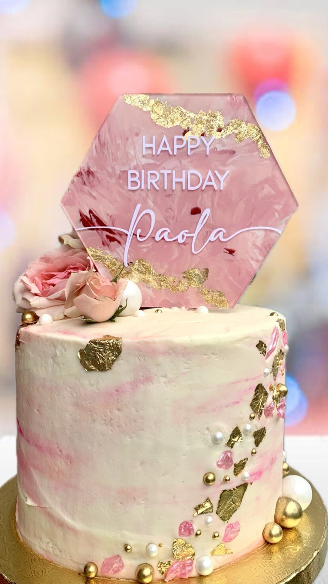 Marbled Acrylic Birthday Cake Topper: Gold Flakes, Elegant Boho Chic - Etsy
