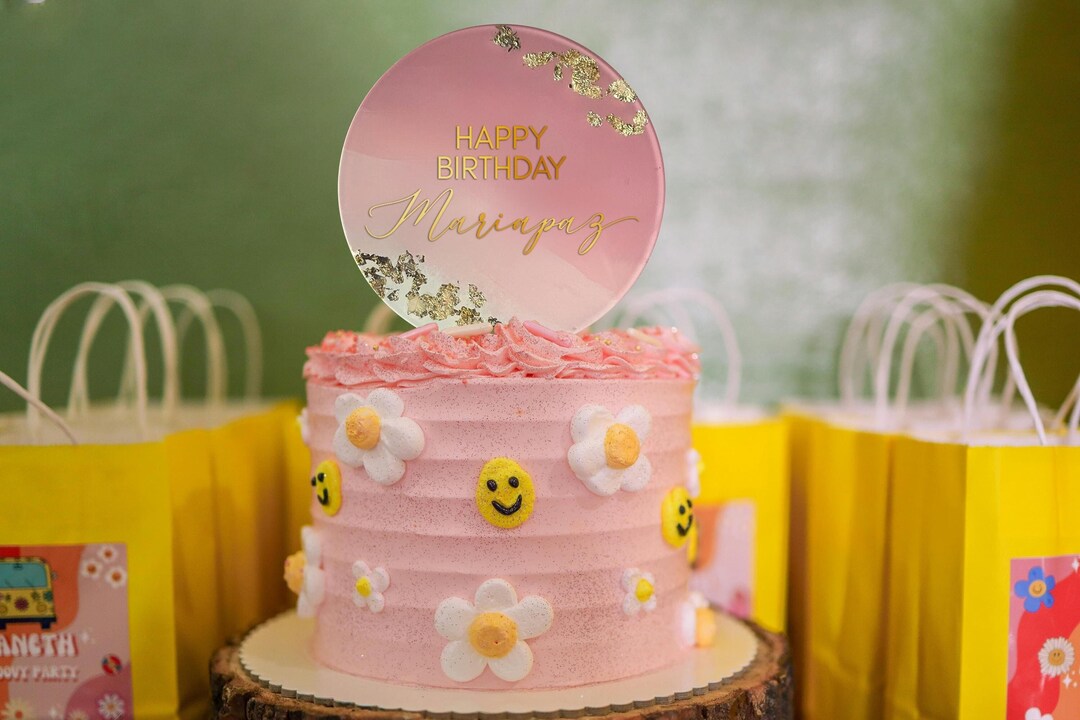 Custom Happy Birthday Cake Topper: Round Acrylic With Gold Flakes - Etsy