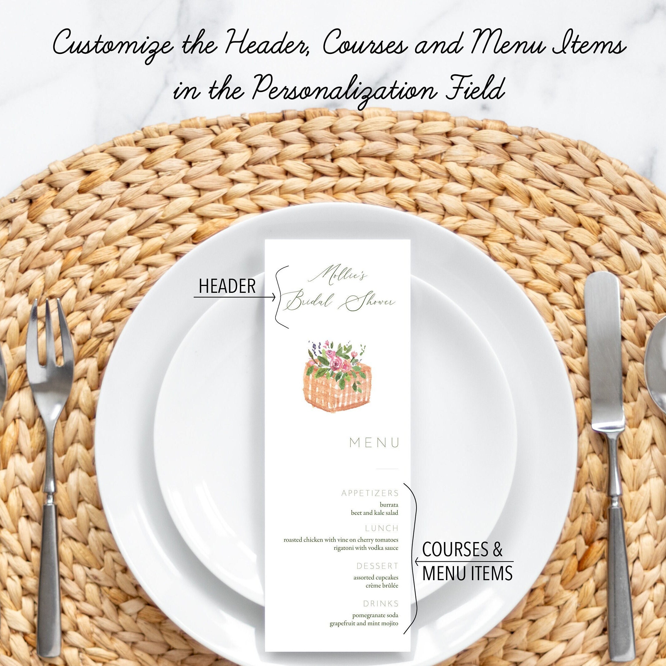 Menu Bridal Shower Floral Menu Card Wedding Shower Menu Cards Printed ...