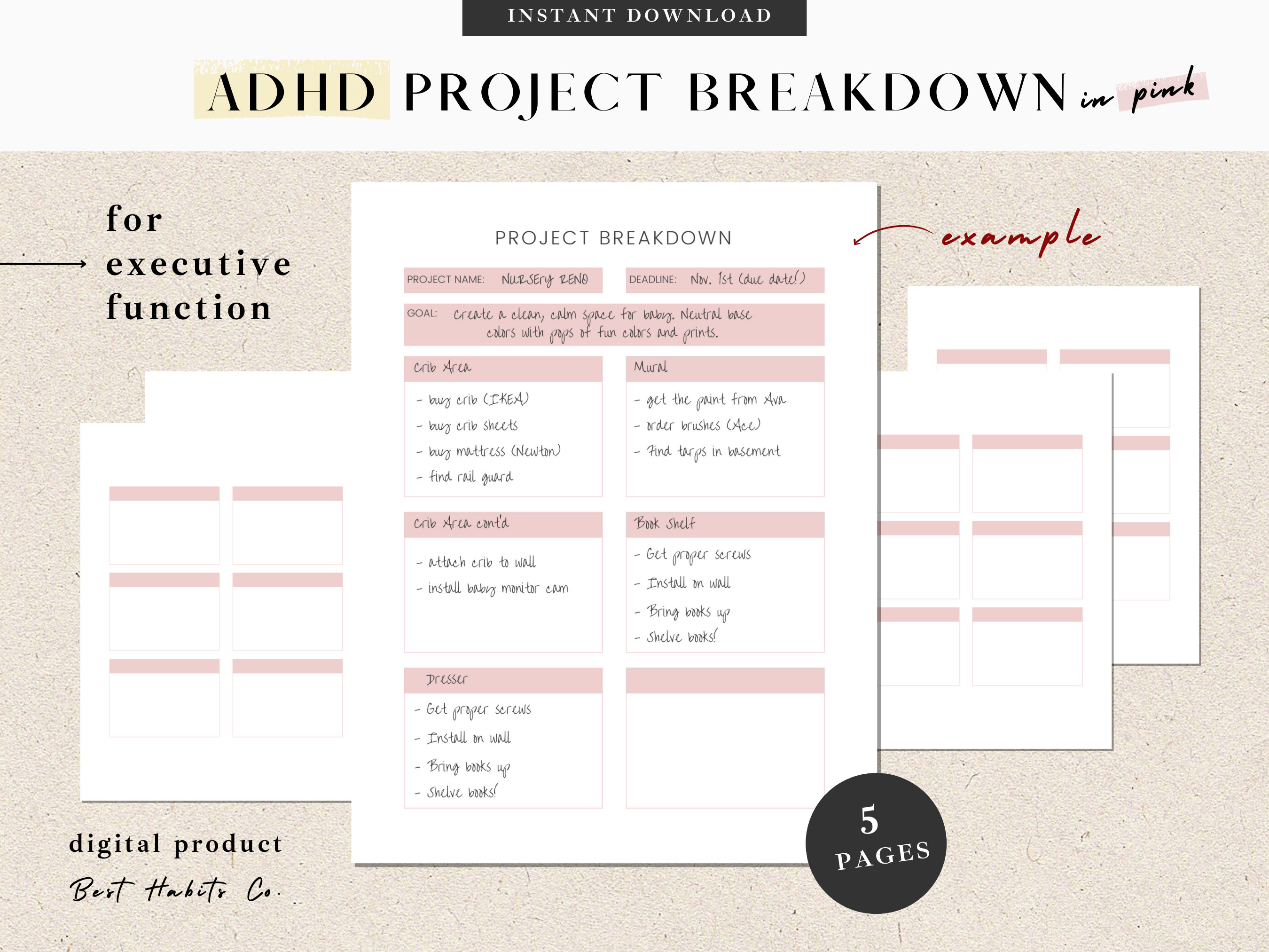 Pink ADHD Project Breakdown Tasks & Sub Tasks | List for Executive ...
