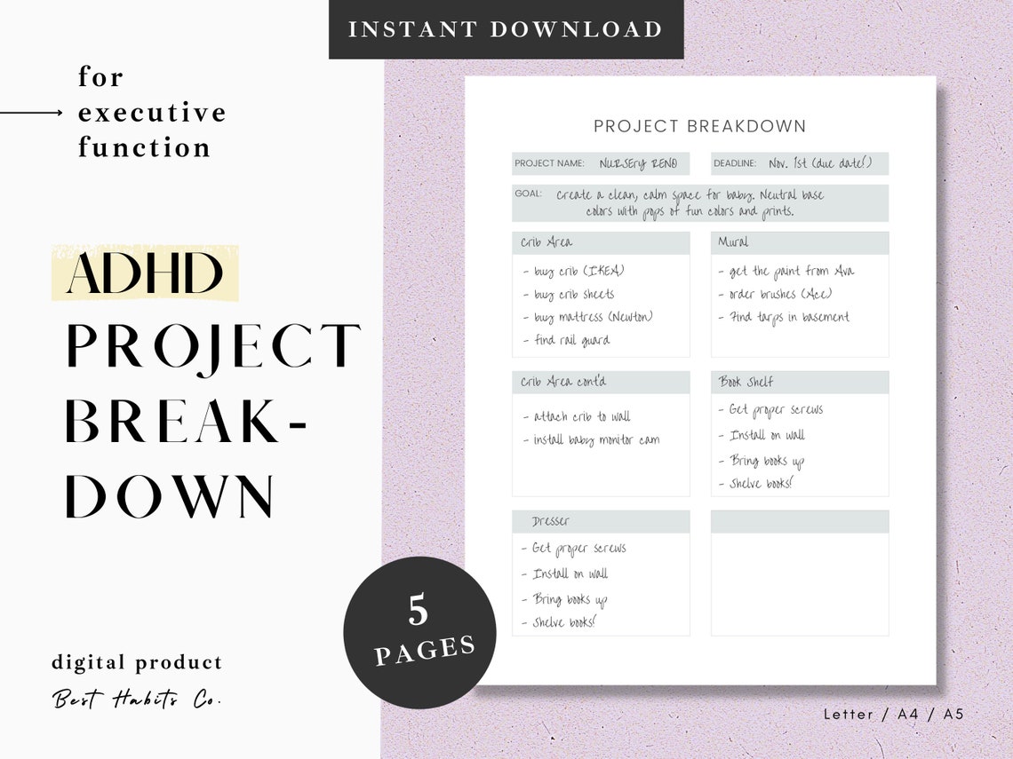 ADHD Project Breakdown Tasks and Sub Tasks | List for Executive ...