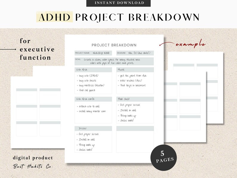 ADHD Project Breakdown Tasks and Sub Tasks | List for Executive ...