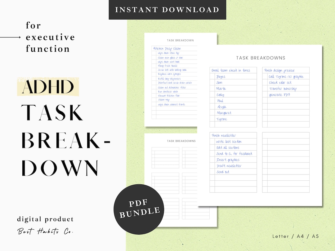 ADHD TASKS & SUBTASKS Breakdown Sheet | List for Executive Function ...