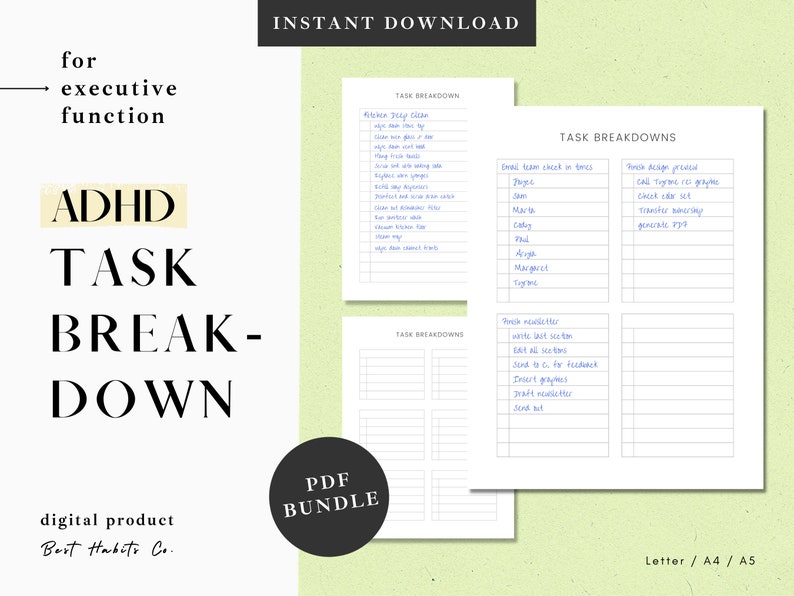 ADHD TASKS & SUBTASKS Breakdown Sheet | List for Executive Function ...