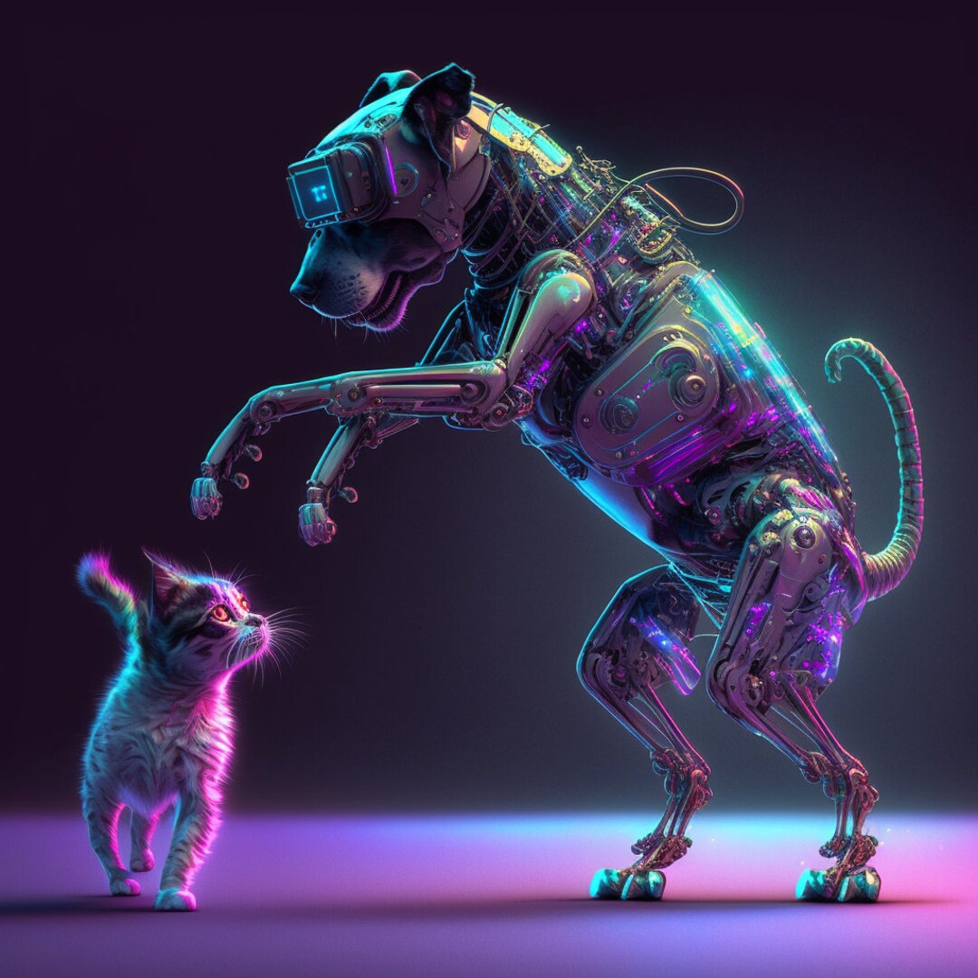 Dancing Cyberdog and Cybercat - Digital Print - Etsy