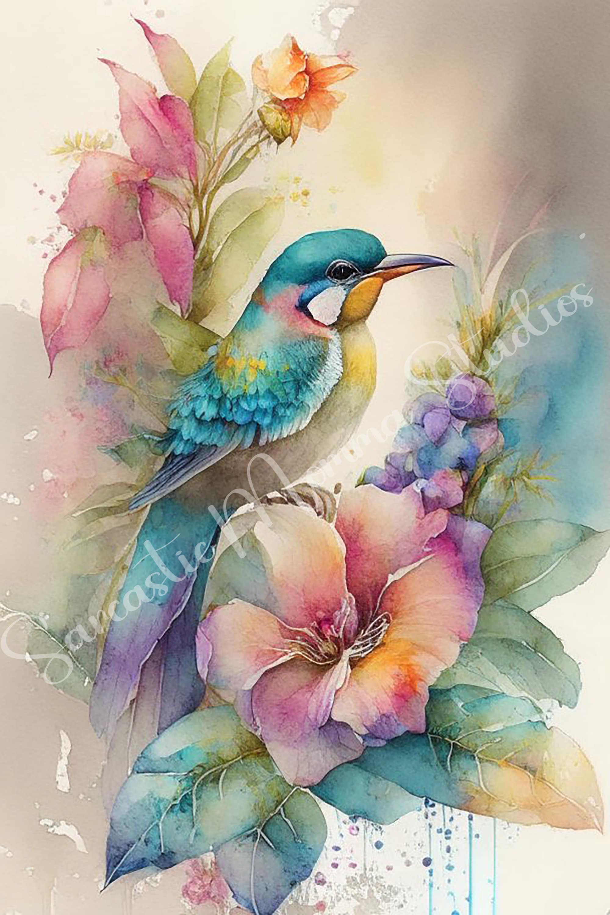 Watercolor Bird & Flowers Clip Art (300 Dpi JPEG) - Etsy