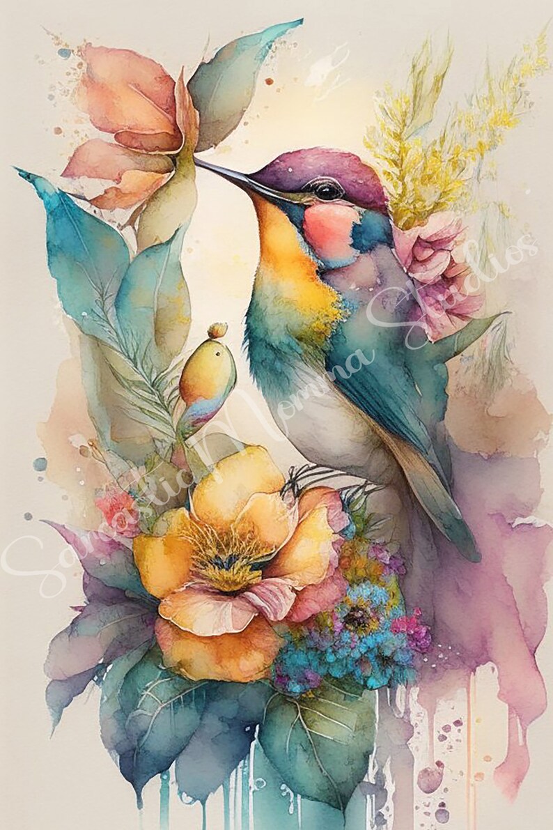 Watercolor Bird & Flowers Clip Art (300 Dpi JPEG) - Etsy