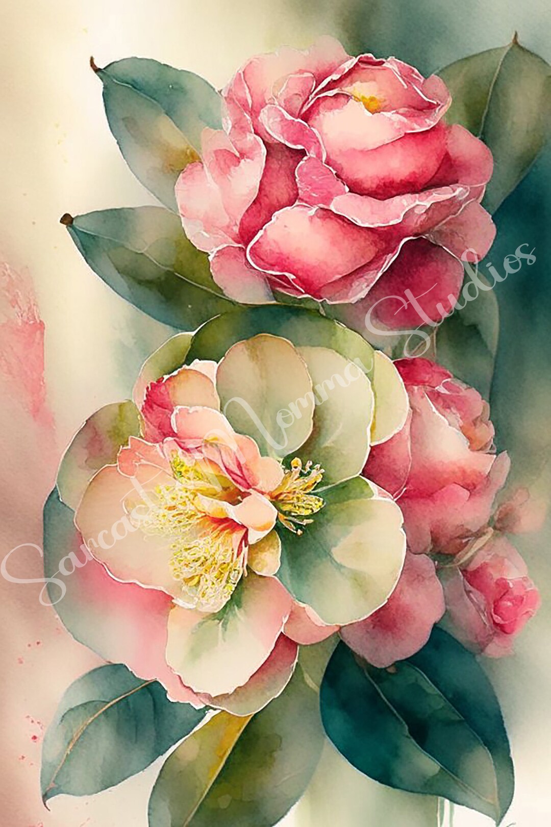 Watercolor Camellia Flowers (set B) 4pcs 300 Dpi JPEG, Flower Clip Art ...