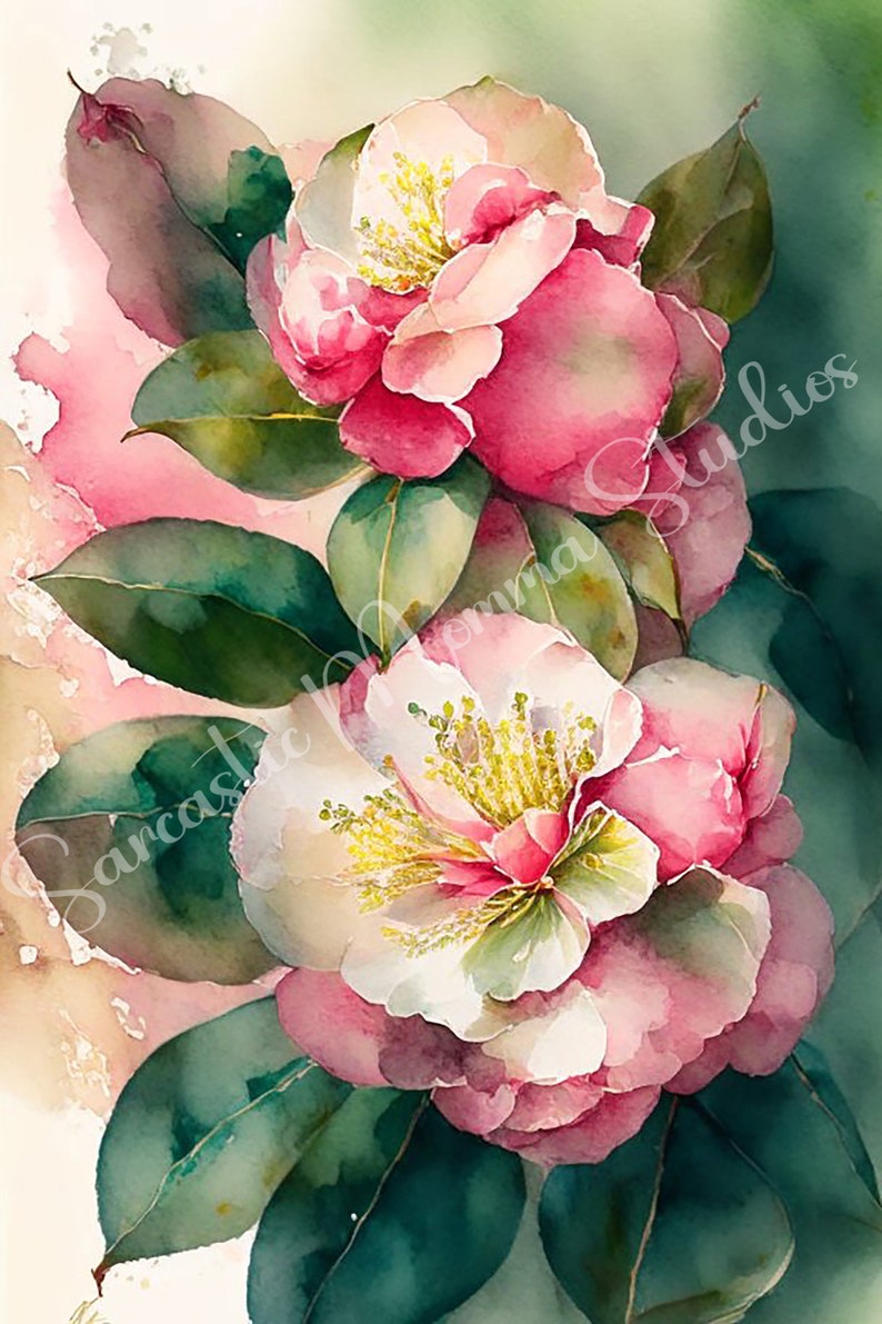 Watercolor Camellia Flower Clip Art: Tropical Plant Set (digital ...
