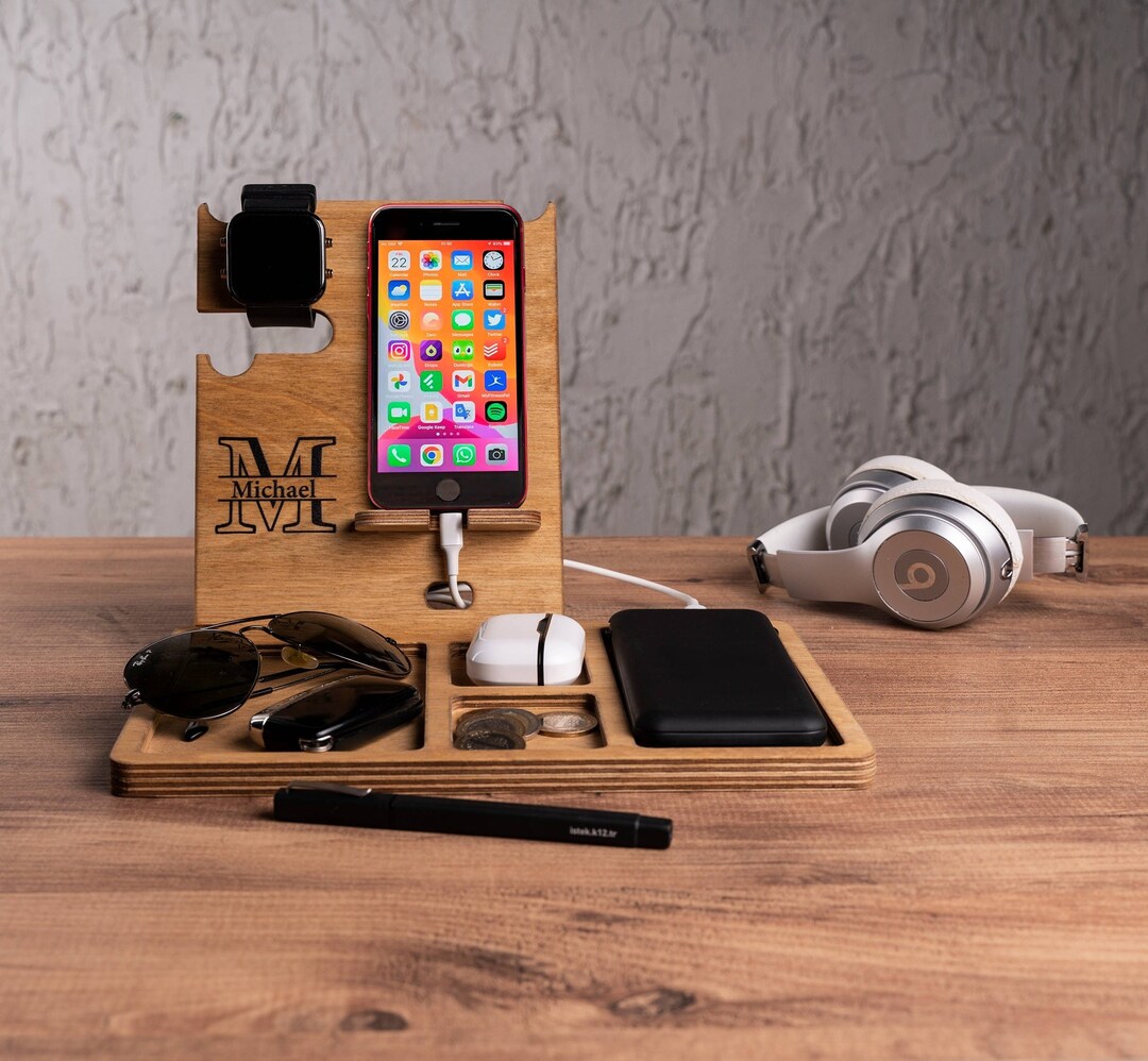 Personalized Wood Phone Docking Station, Husband Anniversary Gift - Etsy