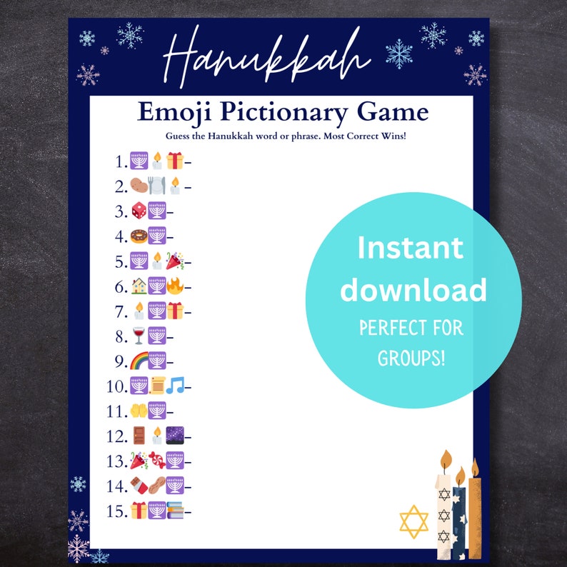 Hanukkah Emoji Pictionary Game: Jewish Holiday Party (digital Download ...