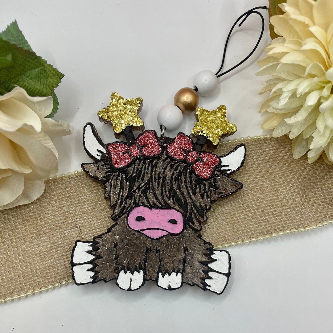 Highland Cow Freshie, Cute Western Car Air Freshener, Glitter Bows ...