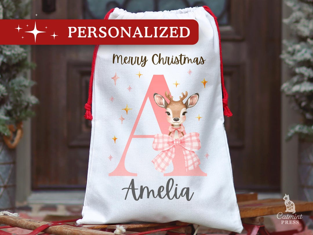 Personalized Reindeer Santa Bag for Girl, Merry Christmas Initial Santa ...