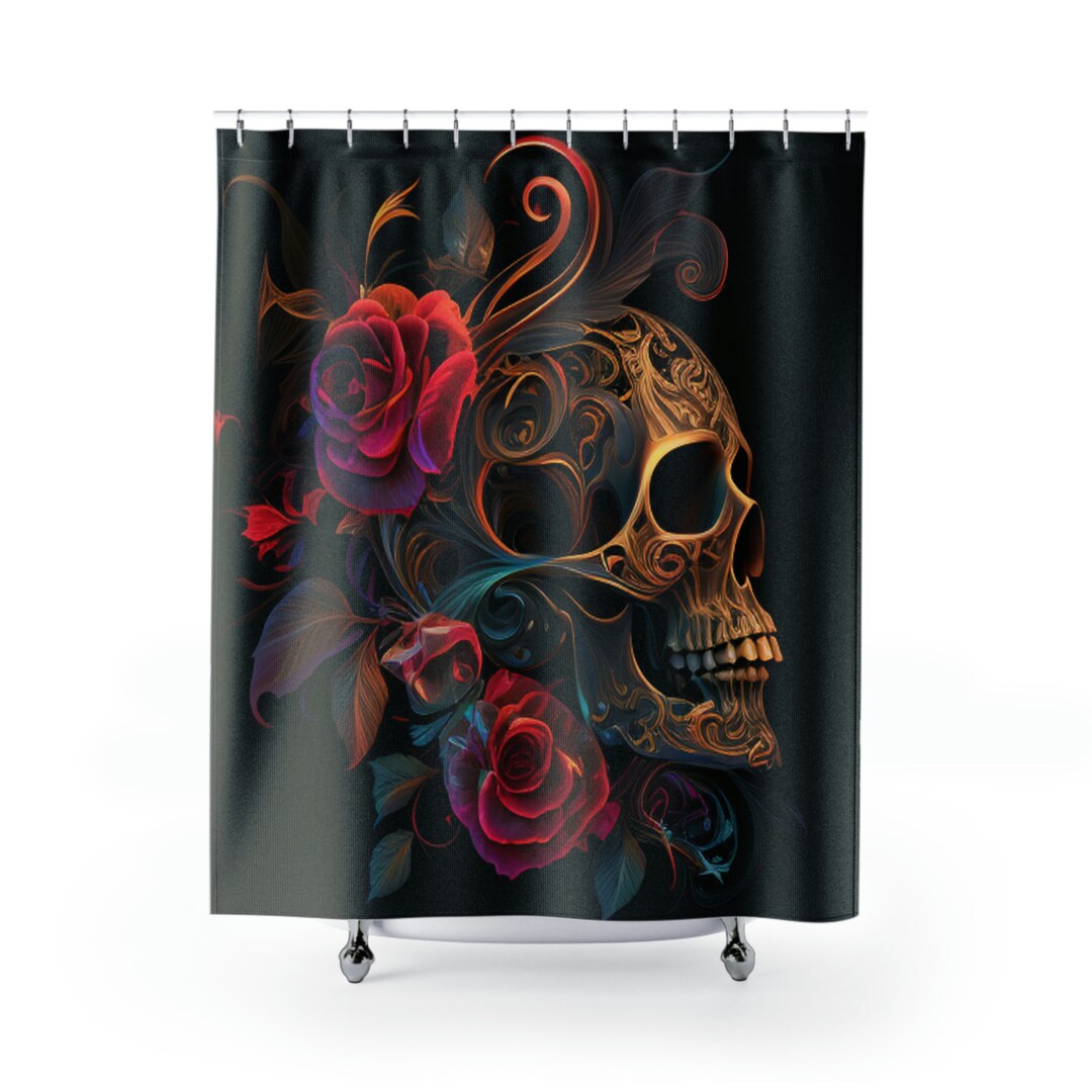 Gothic Swirly Skull and Flowers Shower Curtain, Halloween Skeleton ...