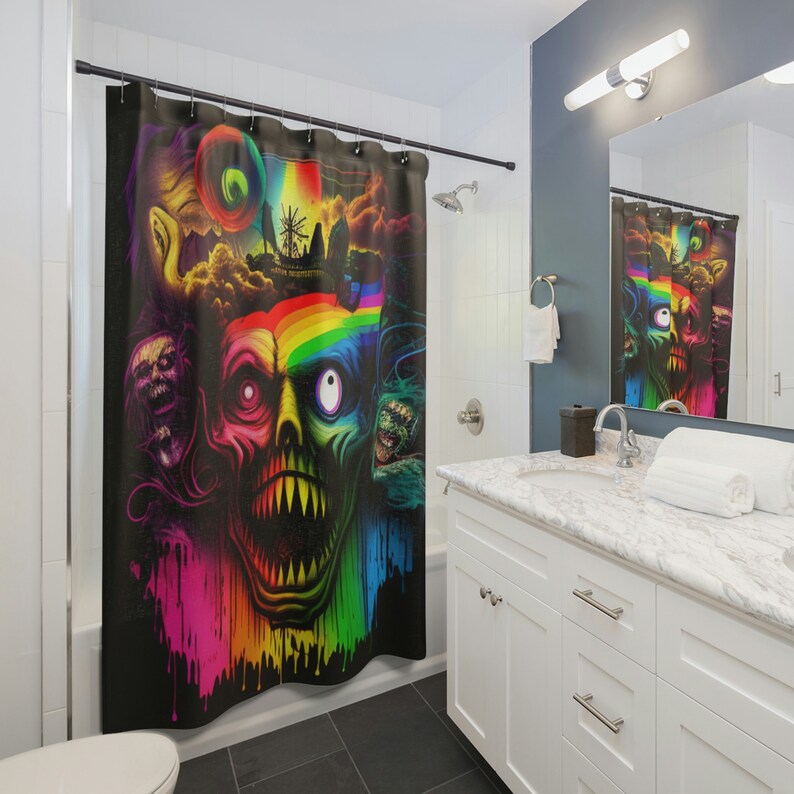 Creepy Crazy Rainbow Shower Curtain, Halloween Eccentric Decor, Scary ...