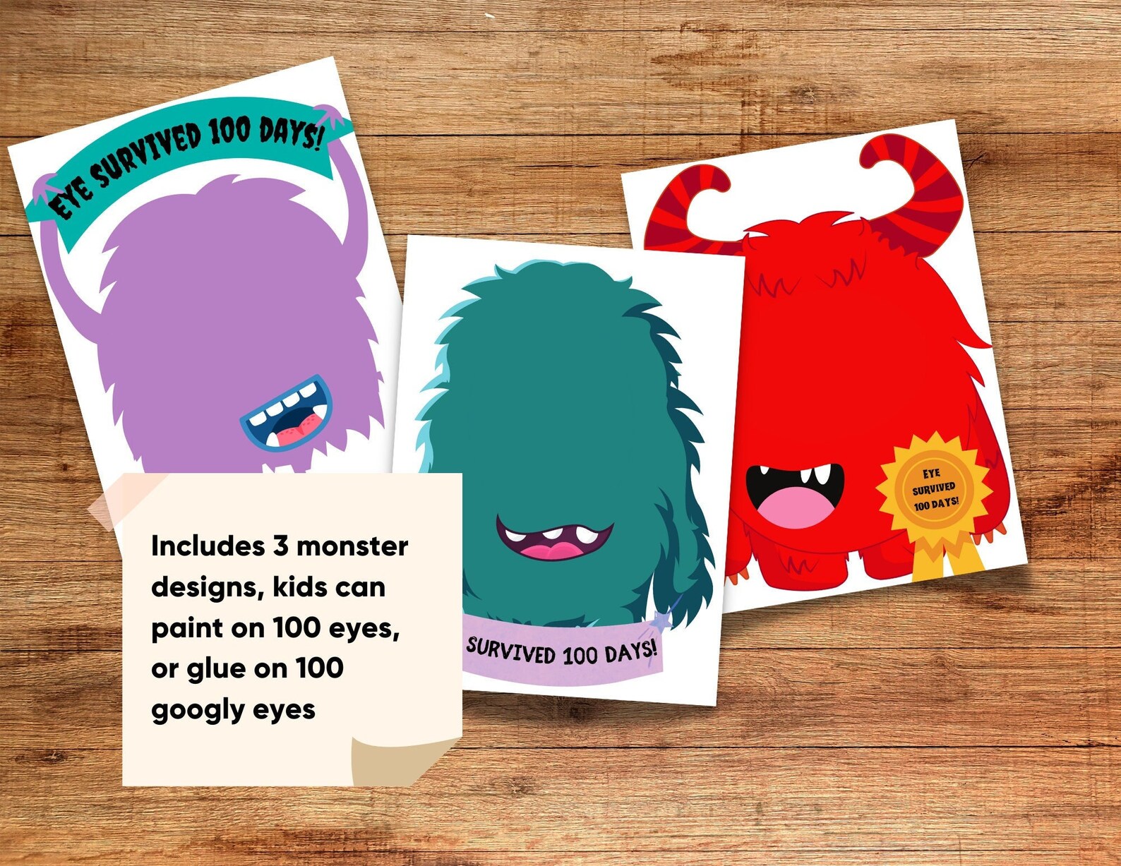 Set of 3 100th Day Activity Monster Sheets Eye Survived 100 Days T ...