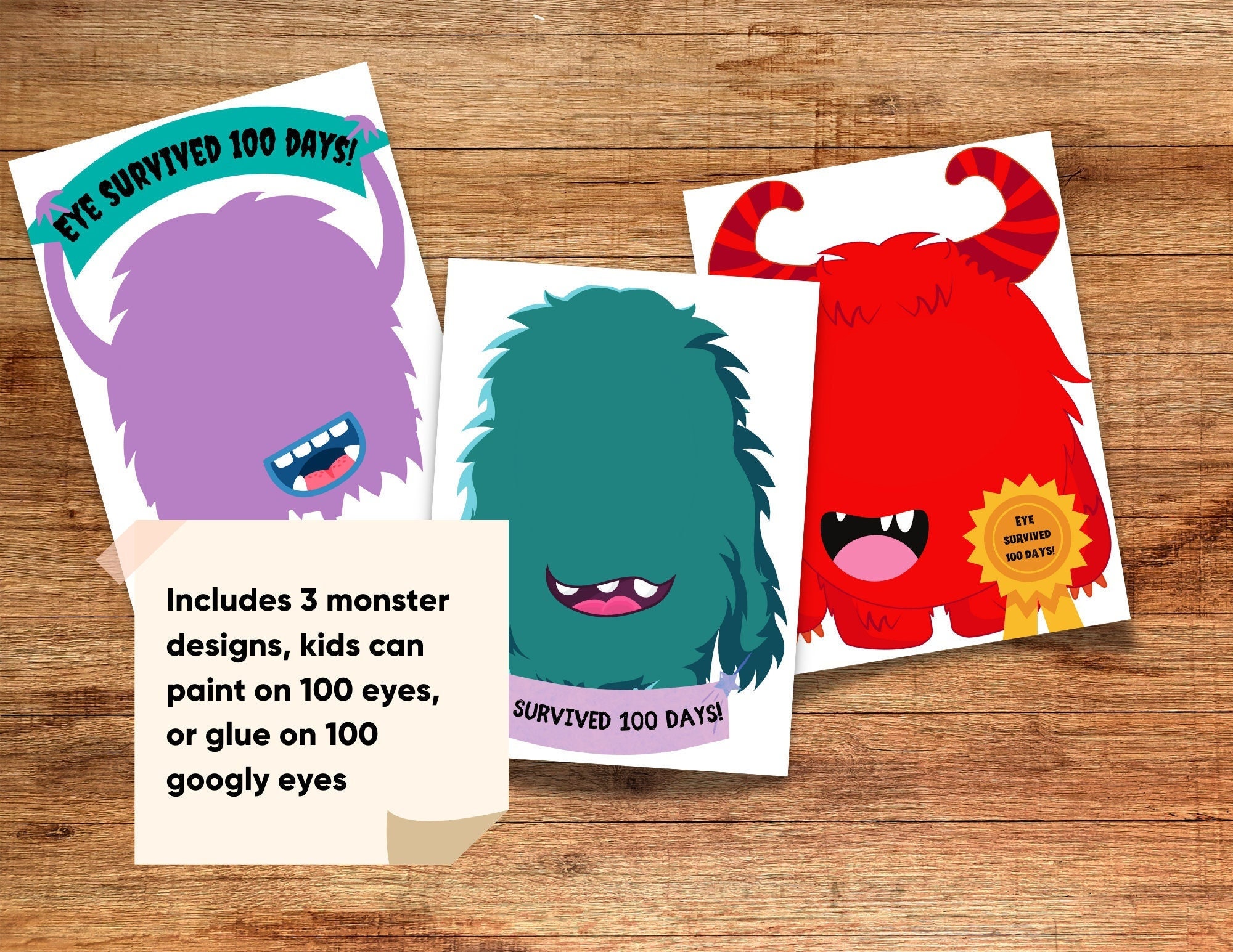 Set of 3 100th Day Activity Monster Sheets Eye Survived 100 Days T ...