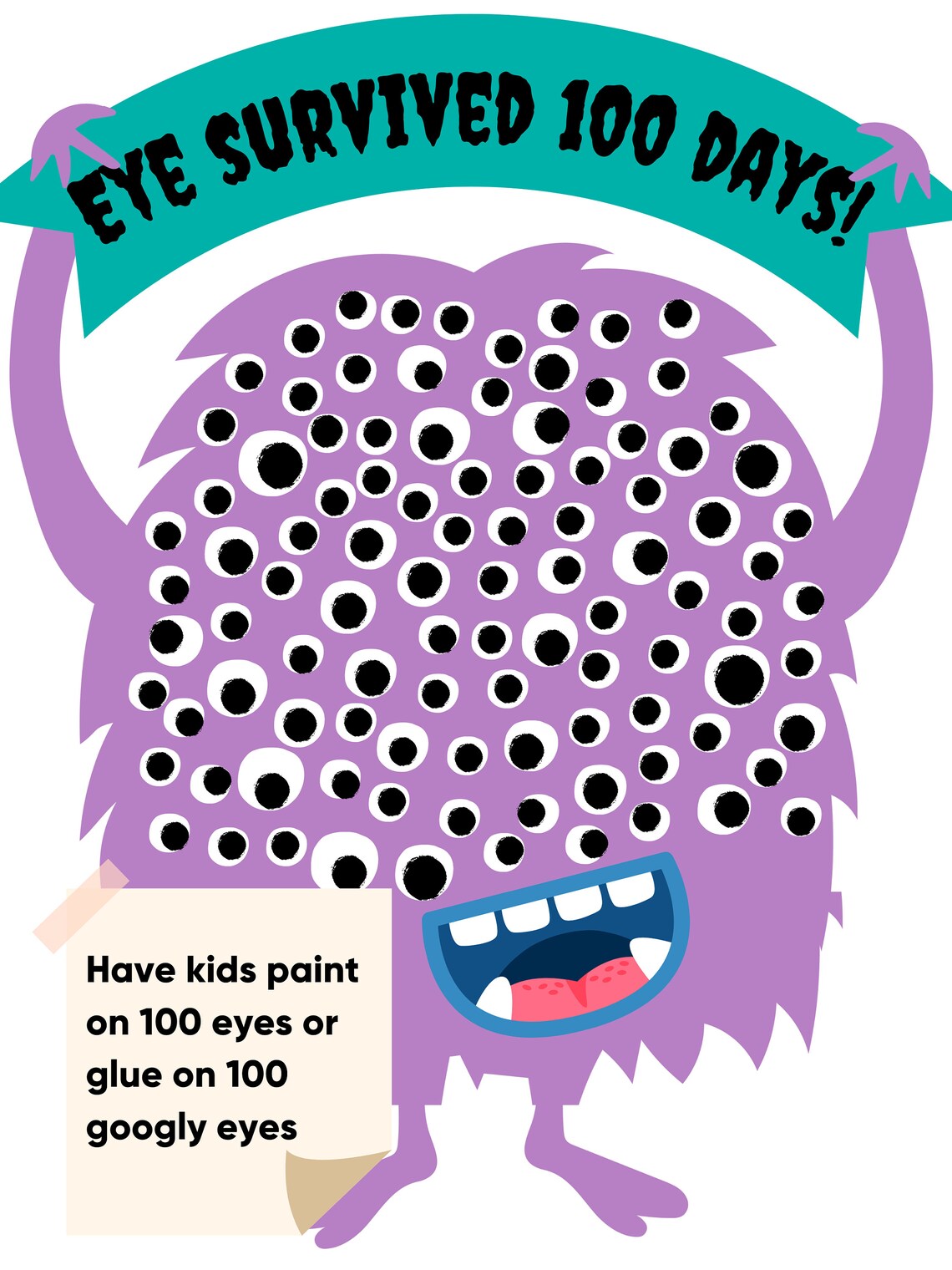 Set of 3 100th Day Activity Monster Sheets Eye Survived 100 Days T ...