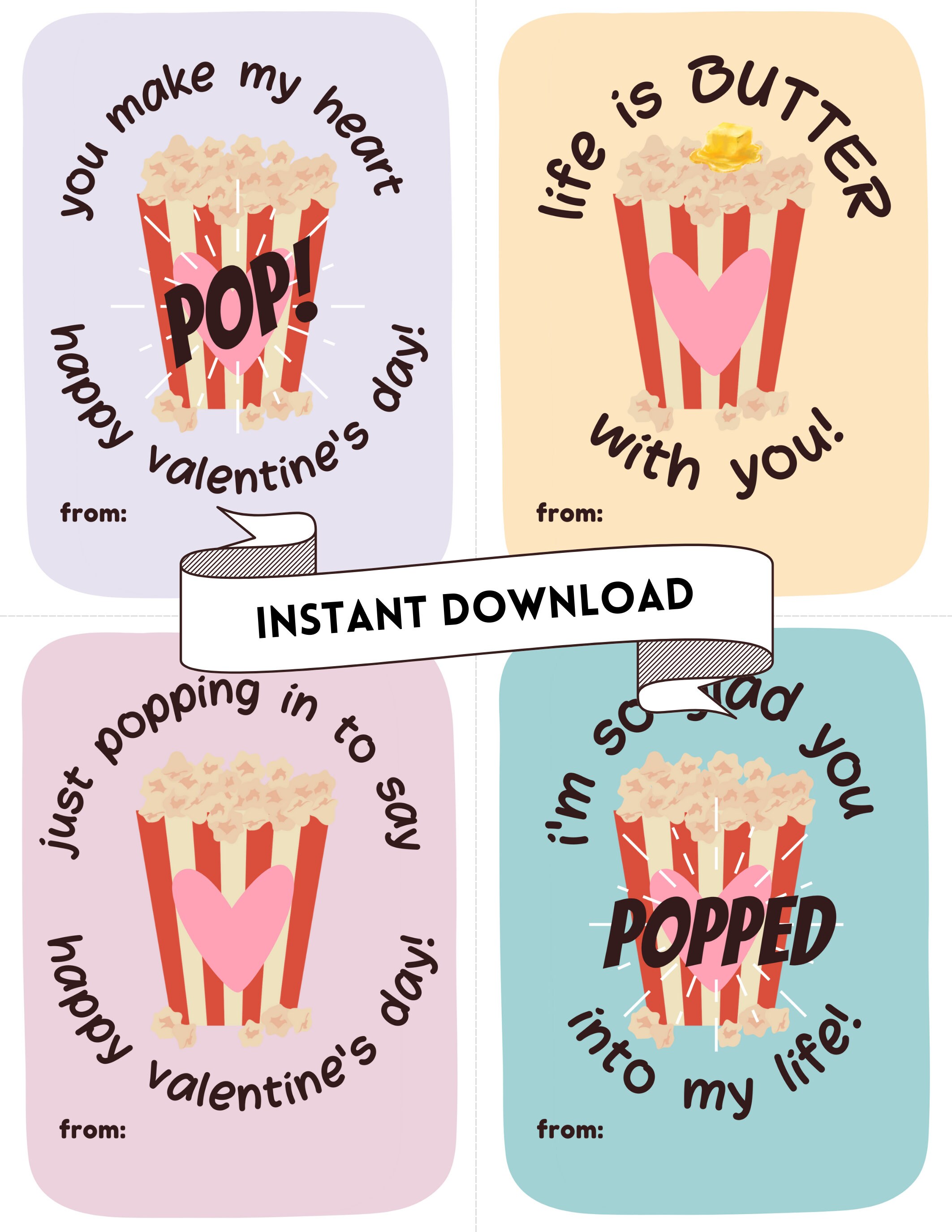 Popcorn Valentine's Day Printable Cards, Non-candy Valentine Idea - Etsy
