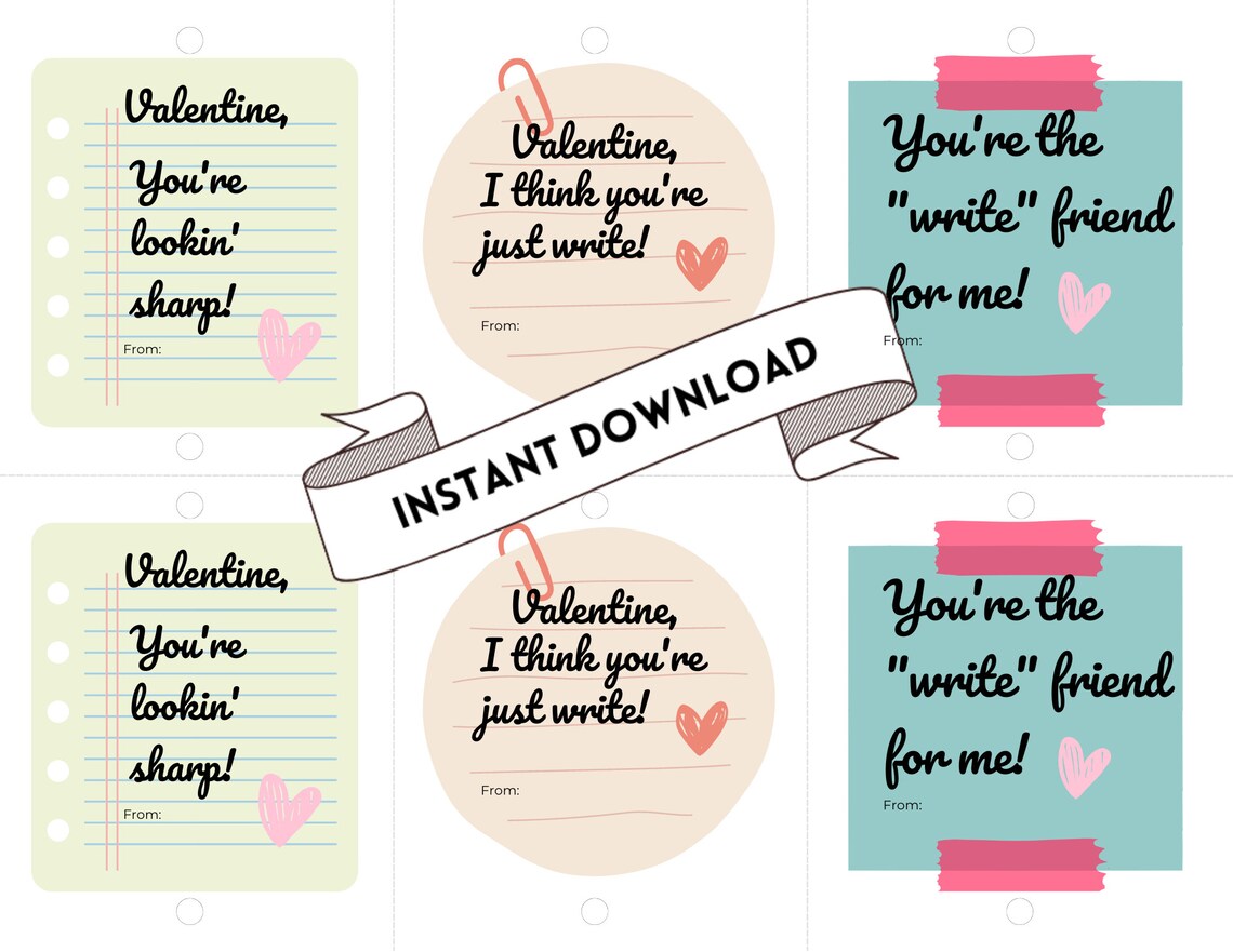 Valentine's Day Pencil / Writing / Writer's Printable Cards, Non-candy ...
