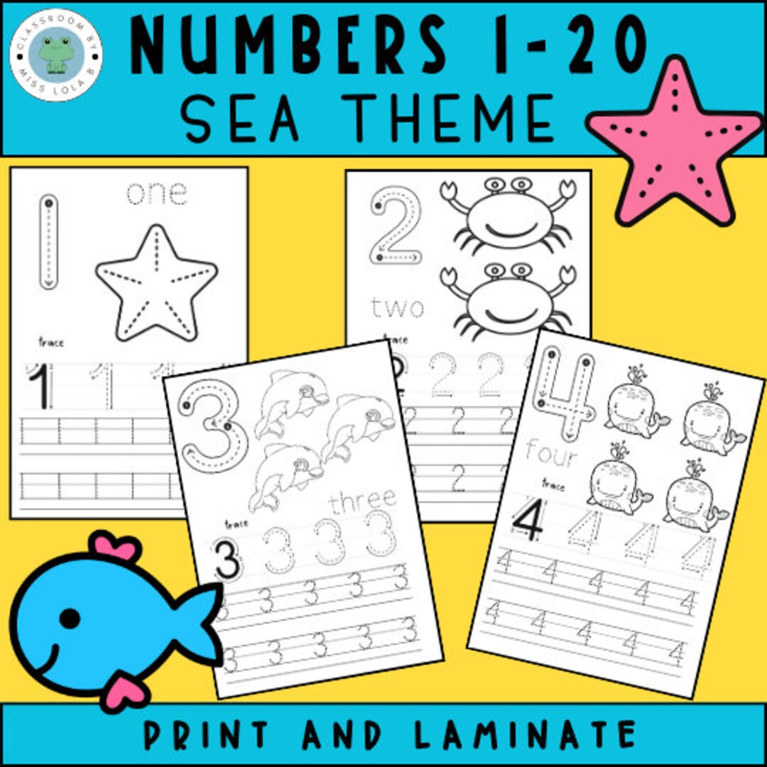 Number Tracing 1-20 Worksheet, Sea Creature Theme, Number Writing ...