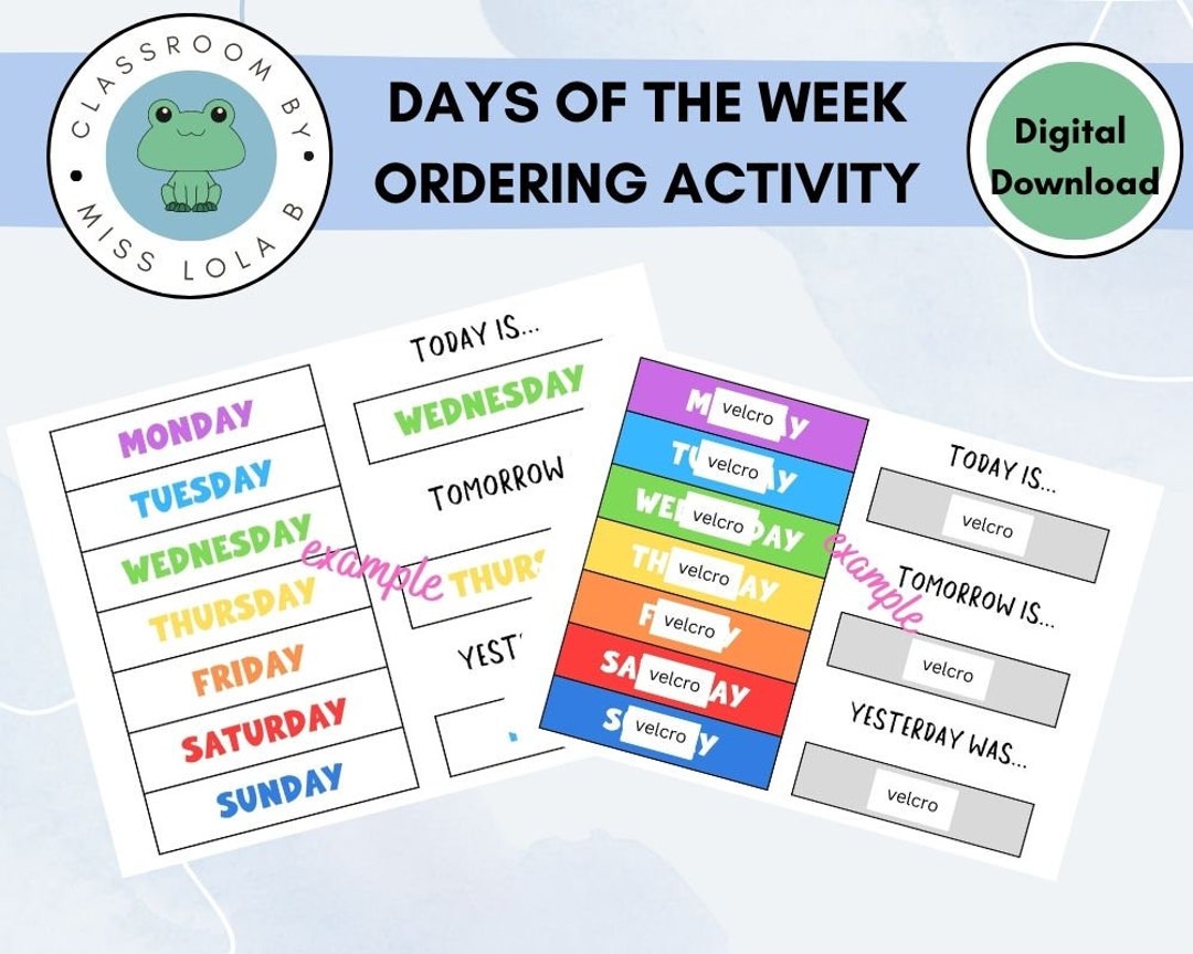 Days of the Week, Ordering Activity, Velcro, Calendar, Printable Mat ...