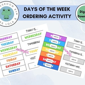 Days of the Week, Ordering Activity, Velcro, Calendar, Printable Mat ...