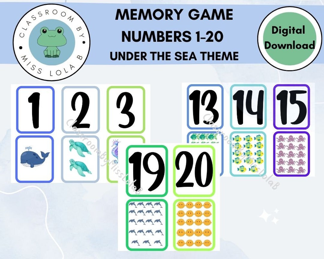 Memory Game Numbers 1-20 Sea Theme Printable Kindergarten - Etsy