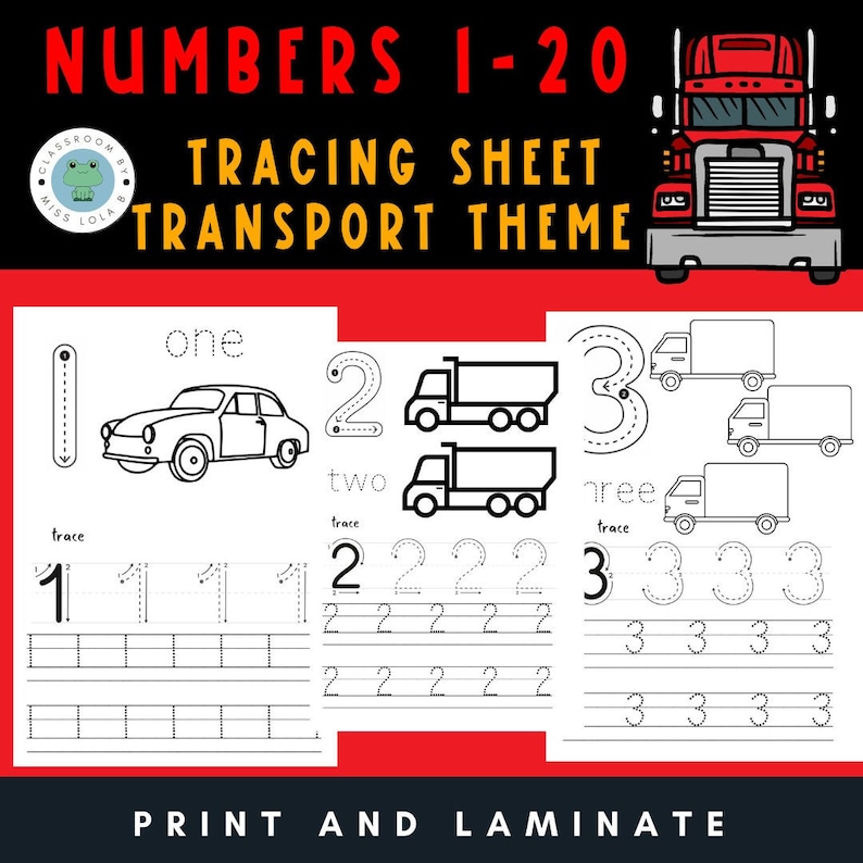 Number Tracing 1-20 Worksheet, Transport Theme, Number Writing Practice ...