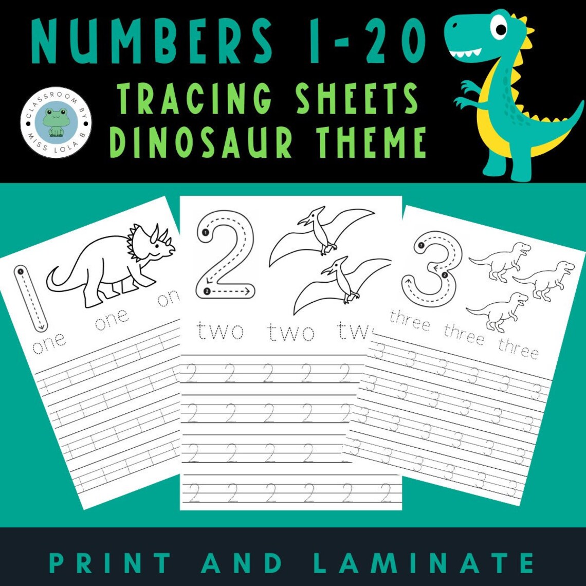 Number Tracing 1-20 Worksheet, Dinosaur Theme, Number Writing Practice ...