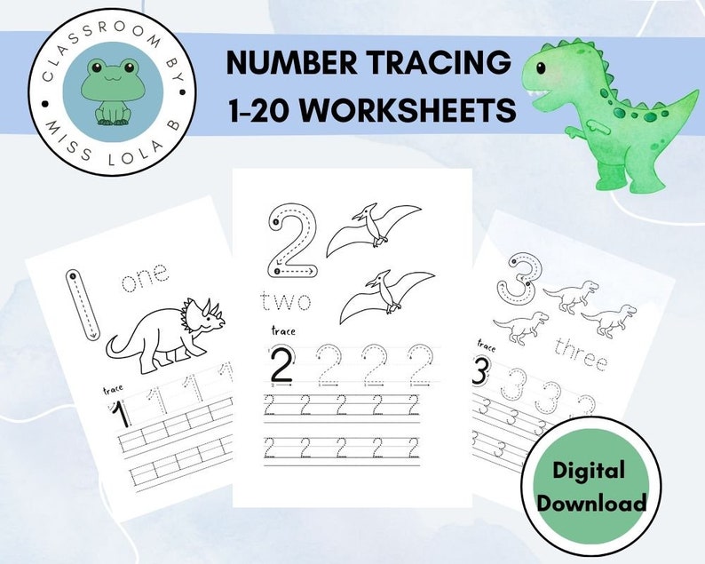 Number Tracing 1-20 Worksheet Dinosaur Theme Number Writing - Etsy