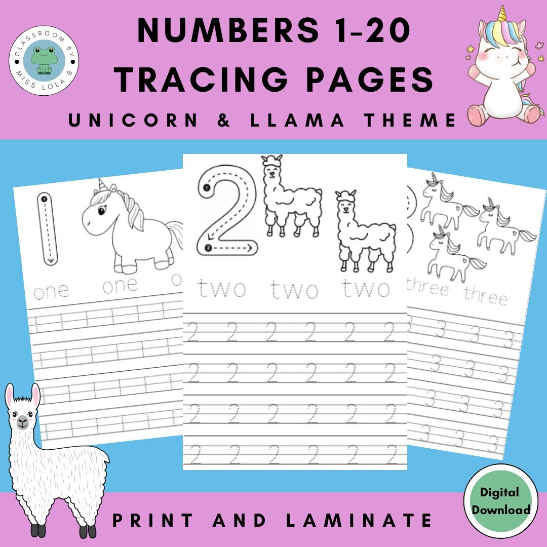 Number Tracing 1-20 Unicorn and Llama Theme - Etsy
