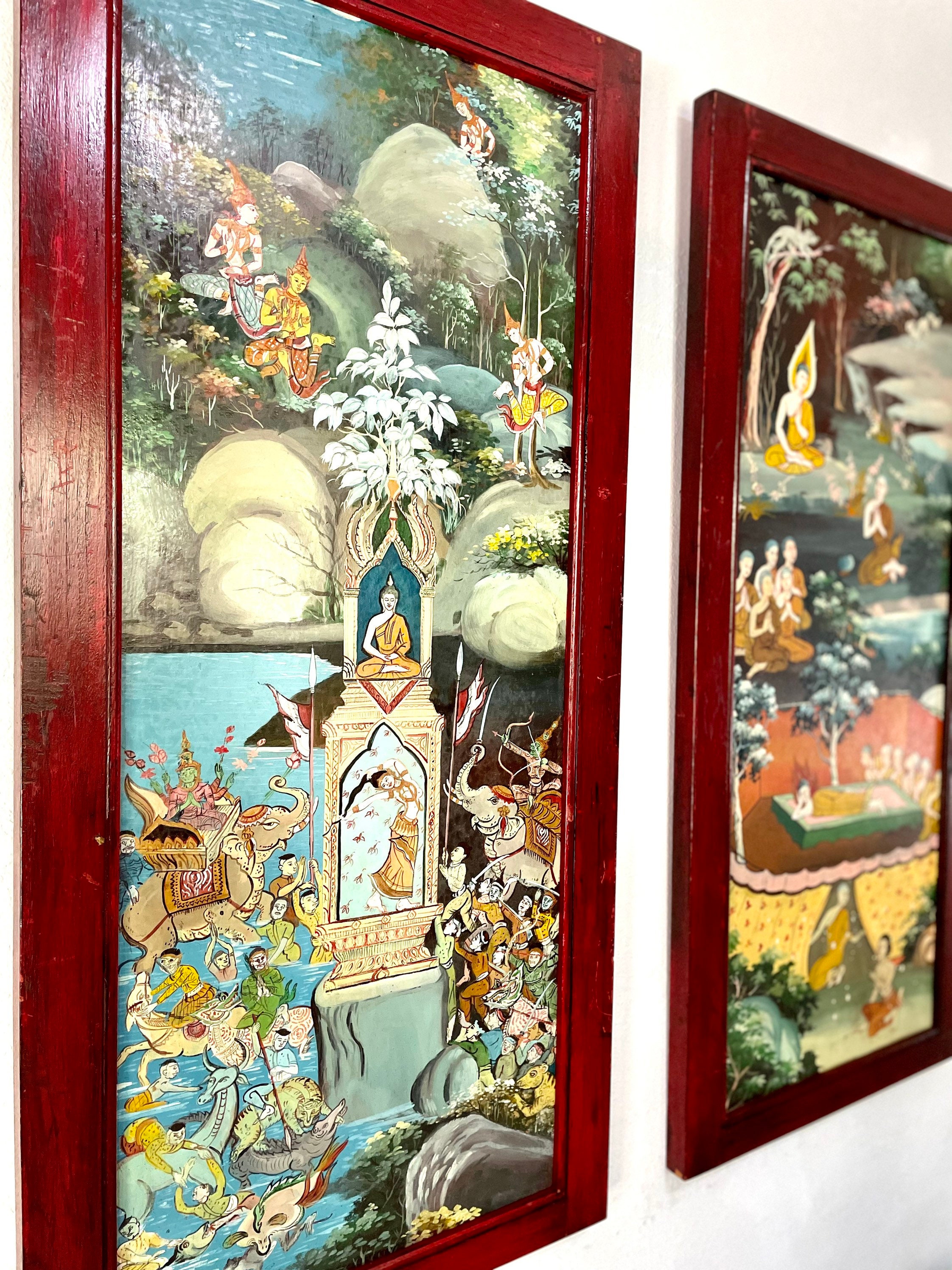 VINTAGE Forest Buddha Scene Painting on Wood (PAIR). - Etsy