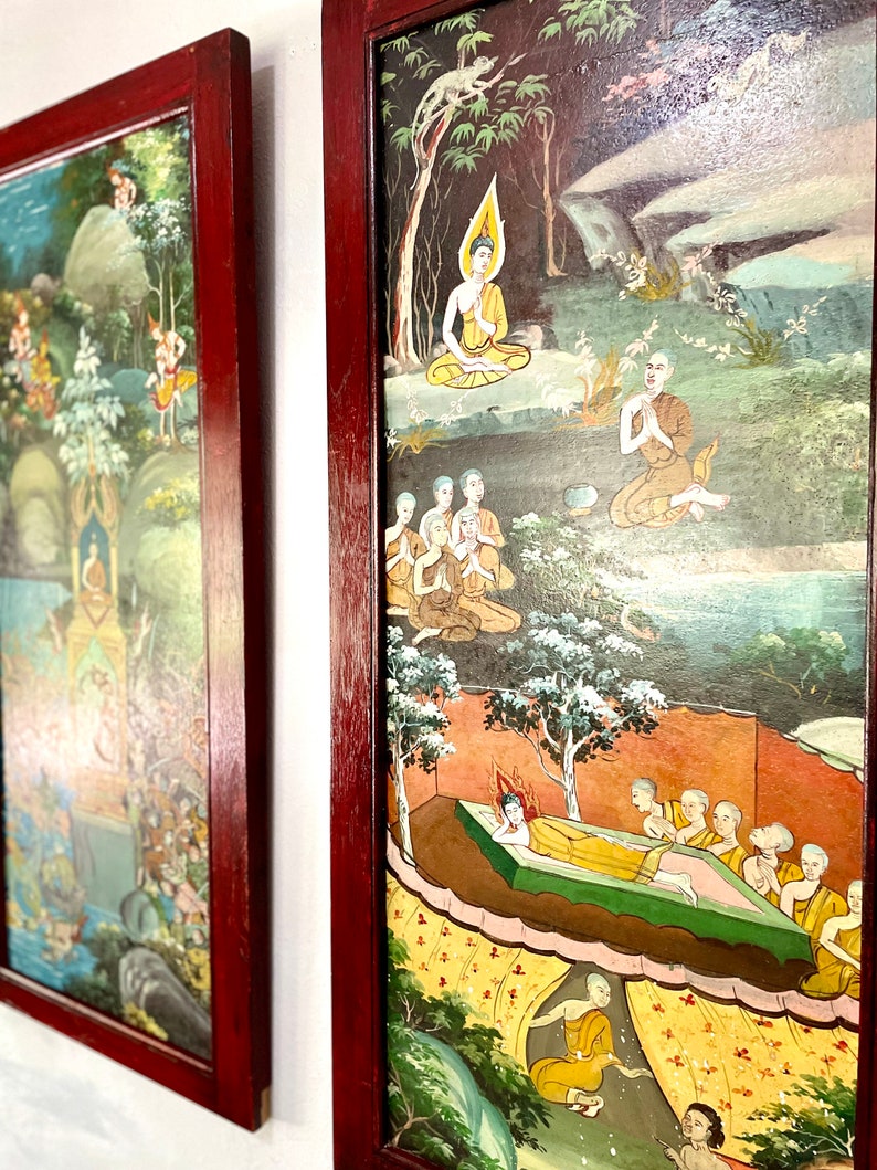 VINTAGE Forest Buddha Scene Painting on Wood (PAIR). - Etsy