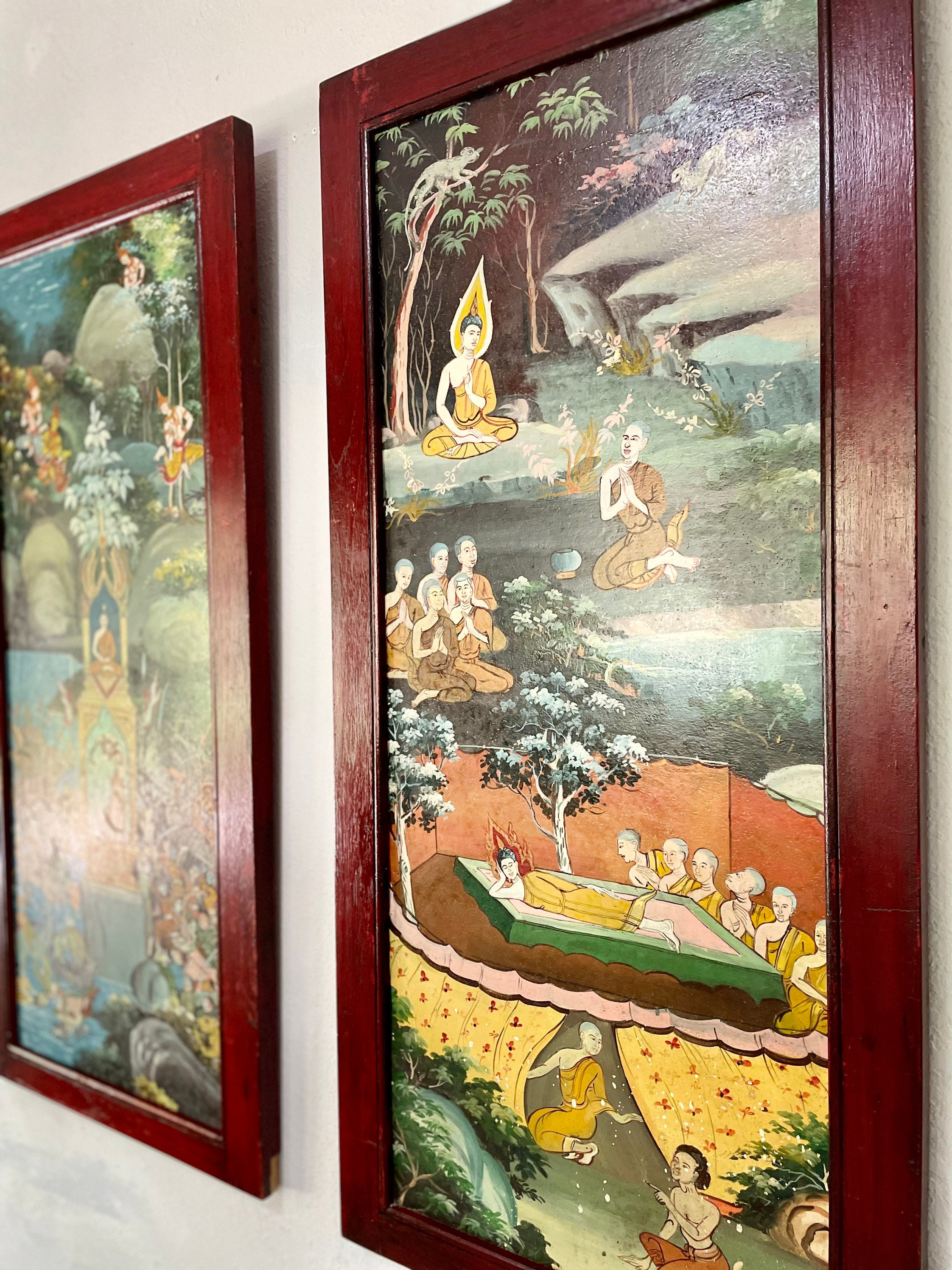 VINTAGE Forest Buddha Scene Painting on Wood (PAIR). - Etsy