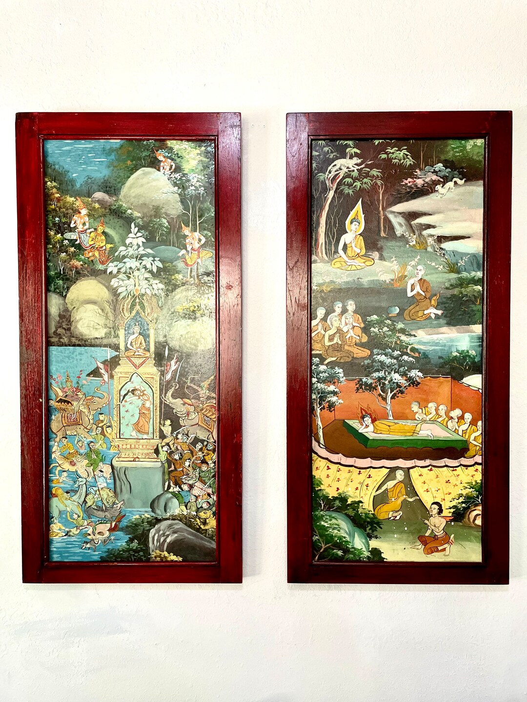 VINTAGE Forest Buddha Scene Painting on Wood (PAIR). - Etsy