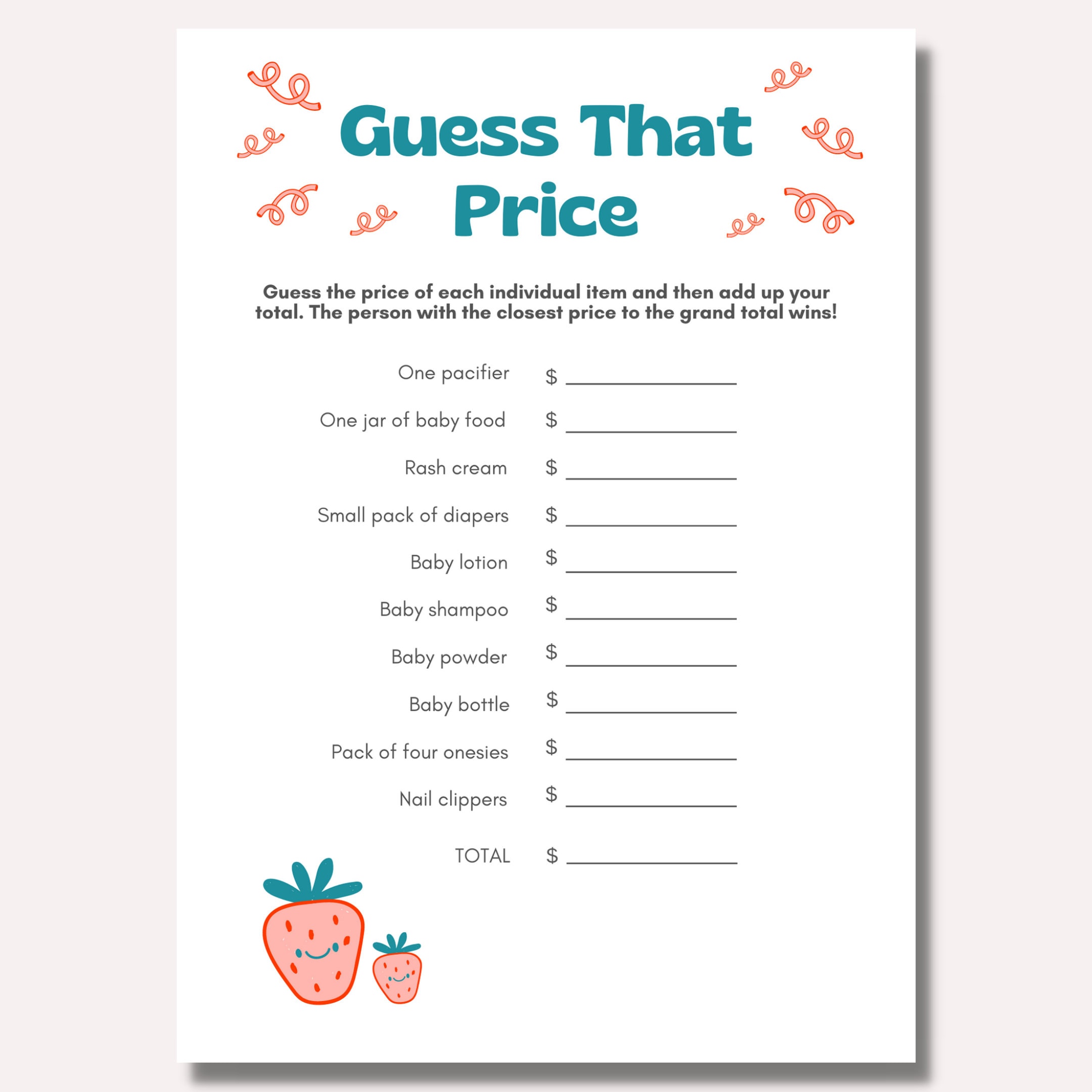 Baby Shower Game, Guess the Price, Price is Right, Character, Printable ...