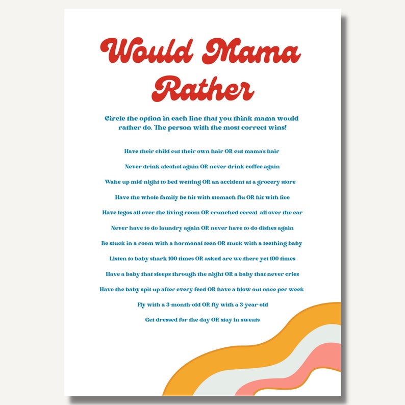 Baby Shower Game, Would Mama Rather, Would She Rather, Retro, 70s ...