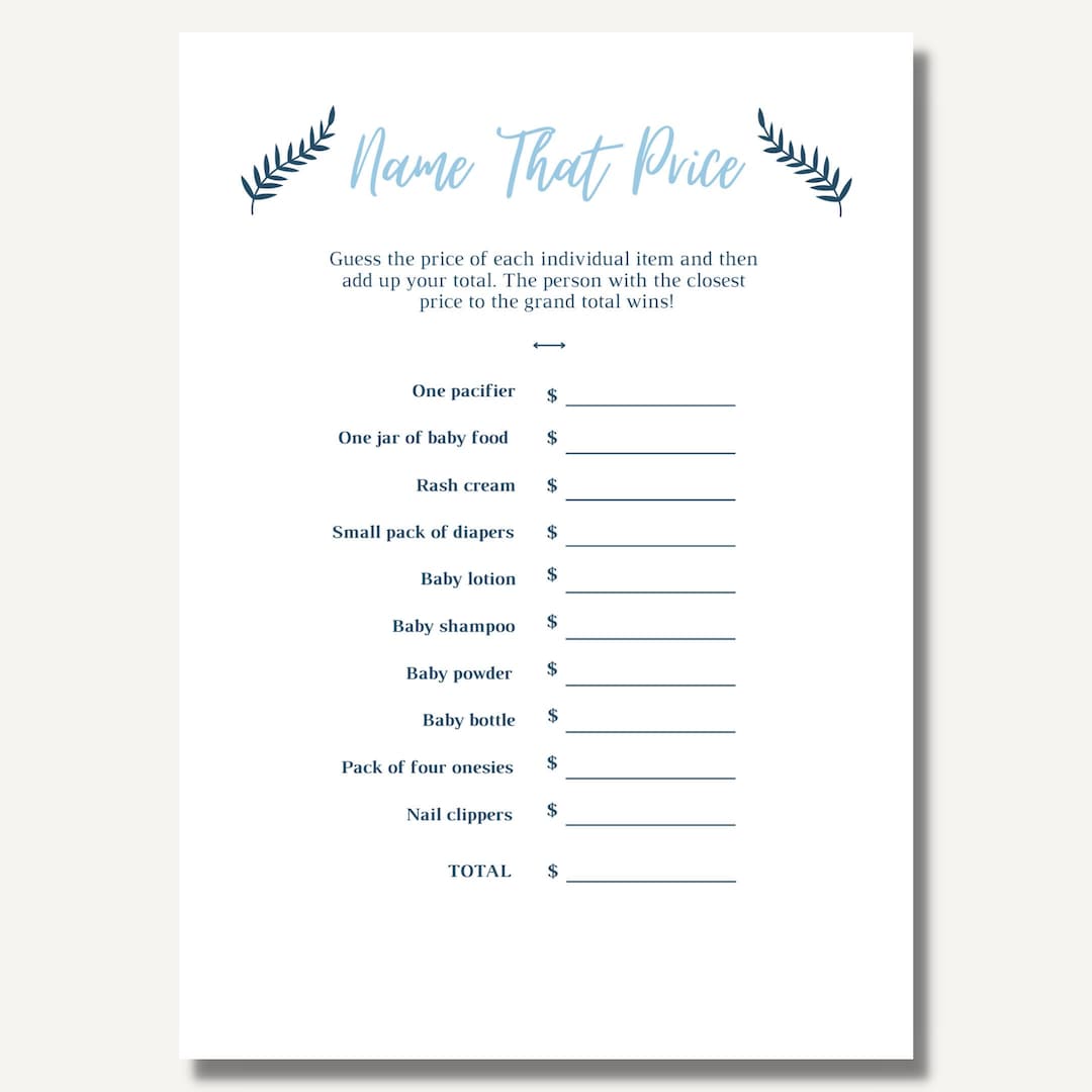Baby Shower Game, ABC, Guess the Price, Price is Right, Eucalyptus ...