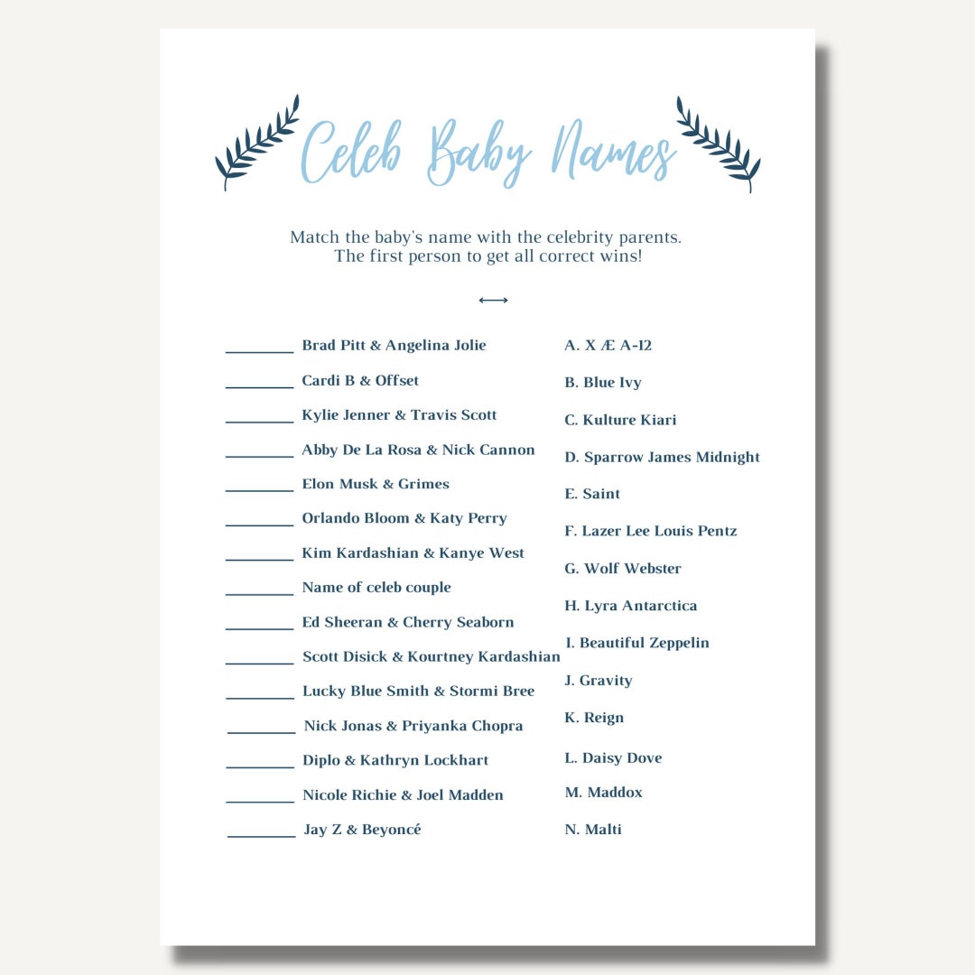 Baby Shower Game, Celebrity Baby Names, Eucalyptus, Printable Games ...