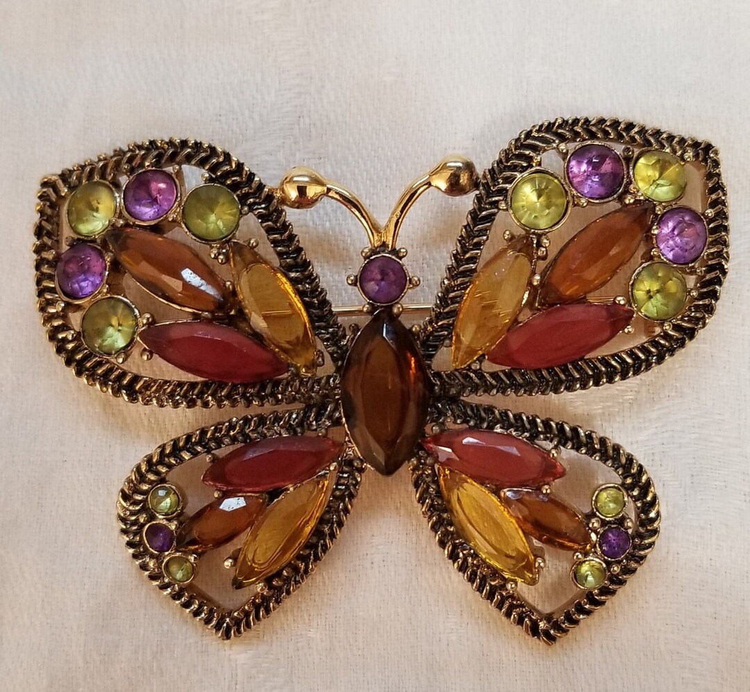 Large Vintage Signed Monet Butterfly Gold Plated Multi Colored ...